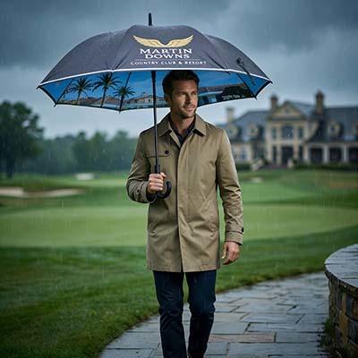 Custom printed umbrella showing detailed logo printing and construction