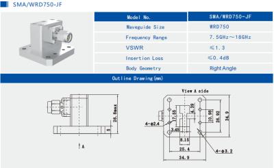 China 7.5GHz~18GHz WRD650 a SMA Hombre Guía de onda de ángulo derecho a adaptador de coaxil SMA/WRD750-JF en venta