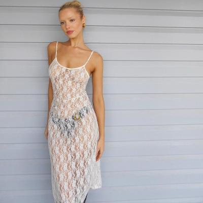 China Perspectief Mesh Halter Kleding Kleine pruimenbloem Achtersteel Lang Doorzien Rok Te koop