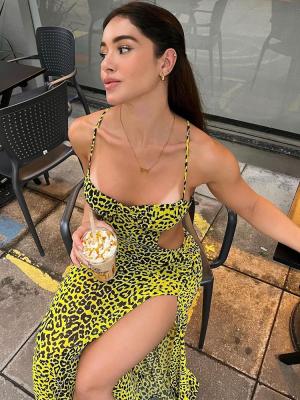China Sexy rugloze heupsplit jurk mode sexy luipaard halter jurk Te koop