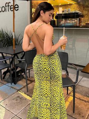 China Sexy rugloze heupsplit jurk mode sexy luipaard halter jurk Te koop