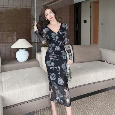 中国 メッシュプリント セクシー ヒップドレス ロングスリーブ 低背筋 ウェスト ヒップドレス 販売のため