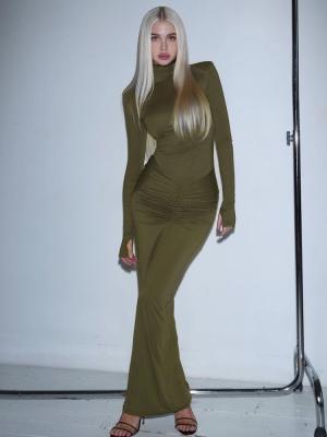 Κίνα Προσαρμοσμένο Slim Solid Color Hip Wrap φόρεμα υψηλό λαιμό μακρύ μανίκι προς πώληση