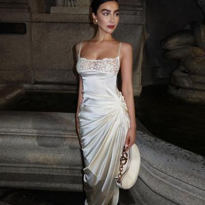 China Summer custom Europe and the United States new French satin dress sexy lace wrap breast exposed anticlinal slip dress Te koop