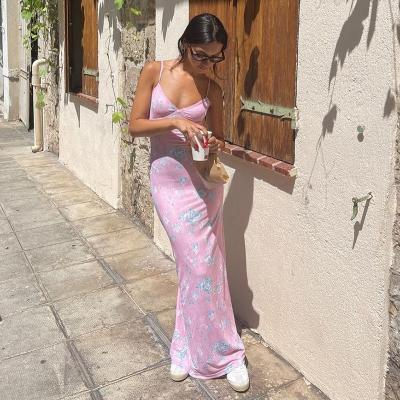 China Summer New V-Neck Sexy Backless Digital Print Mid-Length Halter Dress Te koop