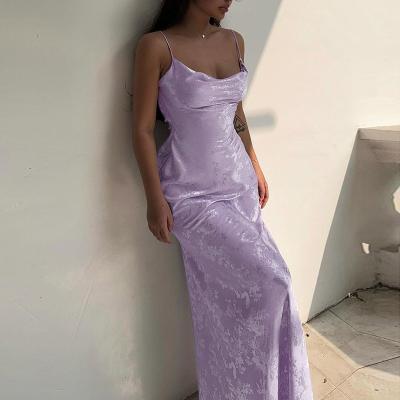 Cina Women's Summer New Sexy Line-neck French Style Satin Backless Long Halter Dress in vendita