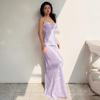 Cina Women's Summer New Sexy Line-neck French Style Satin Backless Long Halter Dress in vendita