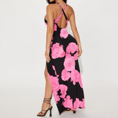Cina Women'S Fashion Print Long Skirt Sexy Split Halter Dress in vendita