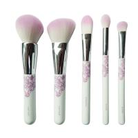 China 5PCS Mini Travel Makeup Brush Set Synthetic Hair Aluminum Ferrule White Wooden Handle for sale