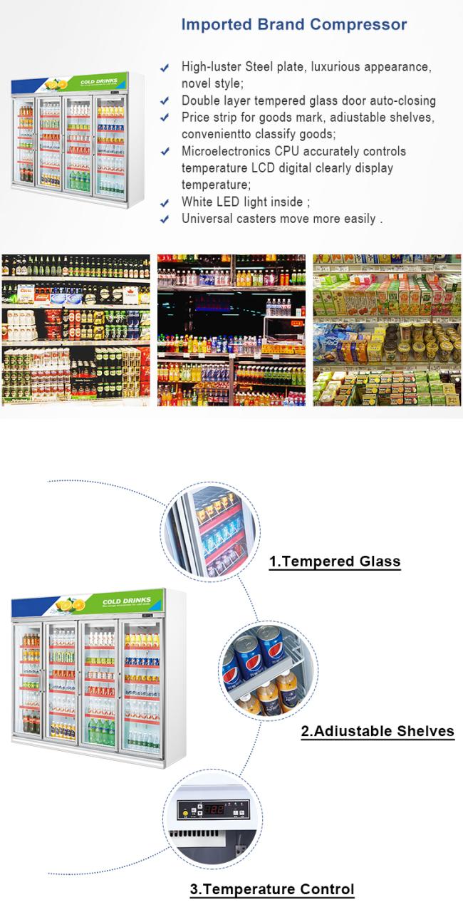 Four-Door Glass Beverage Display Cooler Supermarket Display Fridge with Cooling Technology for Drinks Storage