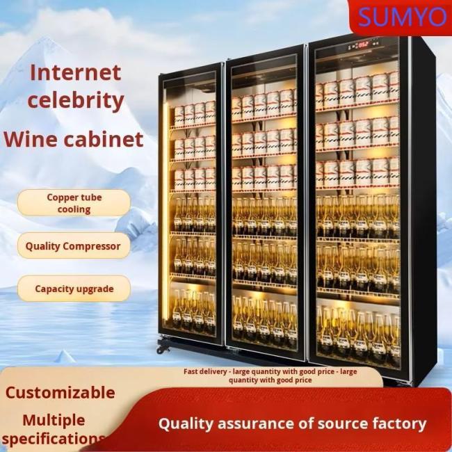Front view of commercial beverage display cabinet with glass doors