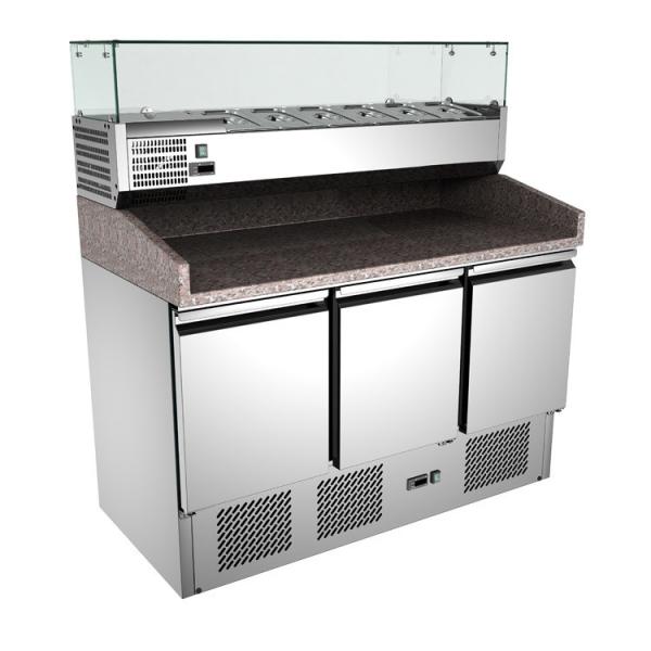 Quality Commercial Kitchen Pizza Salad Prep 201/304 Table Large Capacity Stainless Steel  Refrigerator Marble Surface Workbench for sale