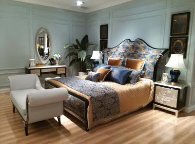 China Luxury New Classic Bedroom Furniture set King Bed black finish Wood and Culture Fabric Headboard factory direct Price for sale