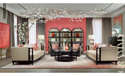China Luxury villa house furniture of Living room leather sofa set made by Maple wood structure with coffee table for sale