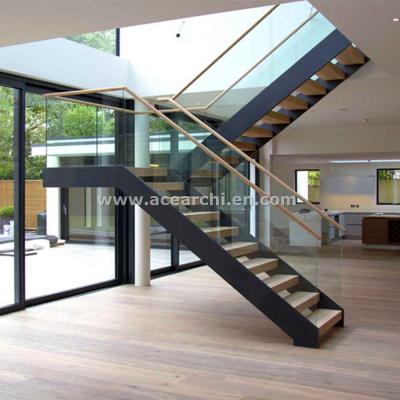China Modern L-shape Wood Staircase Design / Internal Used Glass Railing Wood Stairs for sale