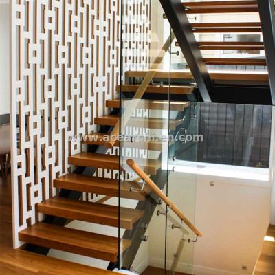 China Beautiful Modern Design Double Cantilevered Steel Wood Stringer Glass Staircase for sale