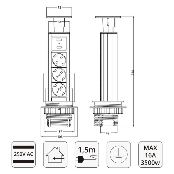Quality Tower Power Retractable Pop Up Desk Socket Electrical Outlet Residential for sale
