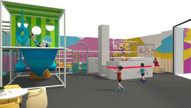 Close-up view of mechanical play structure components