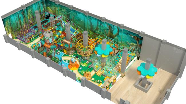 Forest theme playground structure showing multi-level climbing area