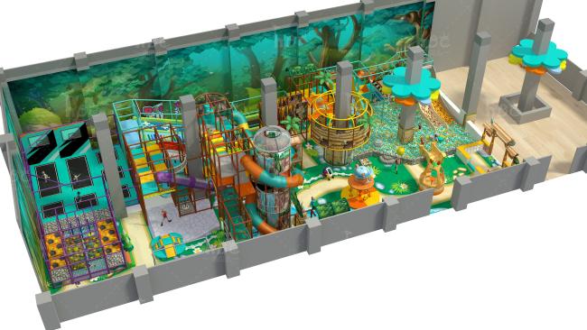 Colorful playground with slides and climbing nets