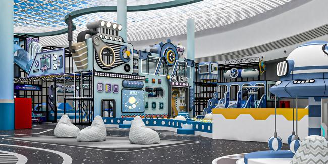 Indoor playground structure with colorful climbing elements