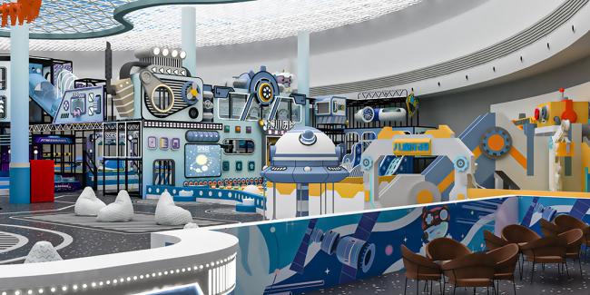 Children playing on multi-level playground equipment