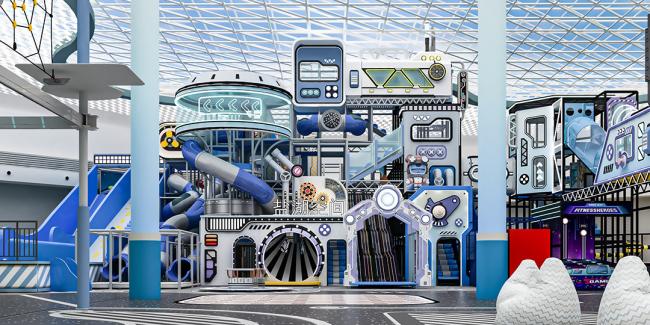 Wide view of indoor play structure with safety features