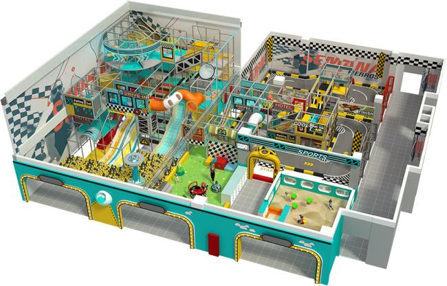 Race-themed indoor playground with multi-level structure