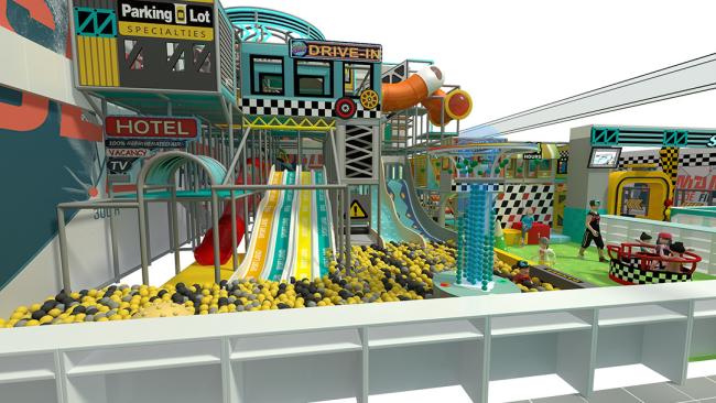 Overall view of race-themed playground structure