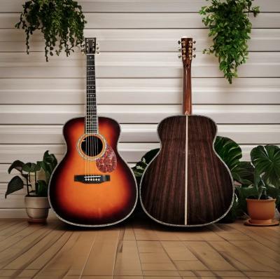 Custom Dark Brown Burst Solid Wood OM-42 / 45 Style Acoustic Guitar