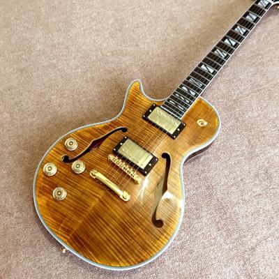China New high quality Custom LP left hand electric guitar, Ebony guitar, Flame Maple Top & Back, Double F hole, free shipping for sale