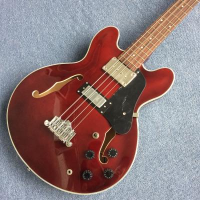 China New style high-quality hollow body electric guitar 4 string bass, Double F holes, Wine red body,Free shipping for sale