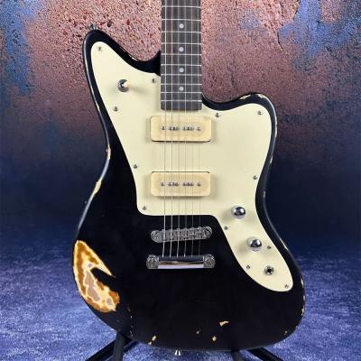 中国 2024 Deluxe Handed Fano Style Relic Electric Guitar Custom Guitar Factory Aged Black Guitar P90 Pickups 販売のため