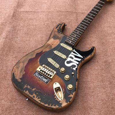 China New style high quality relic remains ST electric guitar, handmade SRV aged relic electric guitar, Vintage Sunburst for sale