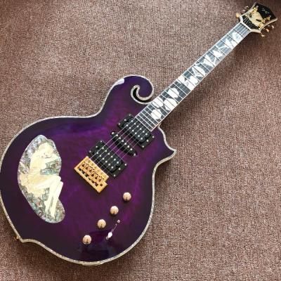 China New Design CUSTOM purple electric guitar , with shell beautiful woman on body , 6 strings guitars , high quality guitar for sale