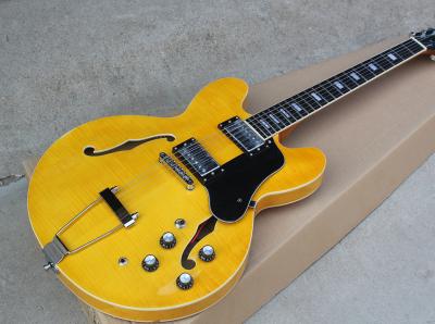China Custom Yellow Semi-hollow Body Electric Guitar with Flame Maple Veneer,Rosewood Fretboard for sale