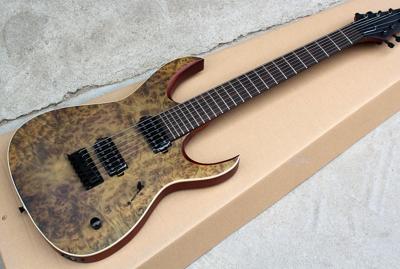 China Custom Brown 7-String Alder Electric Guitar with Burl Veneer,24 Frets,2 Open Pickups,White Binding for sale