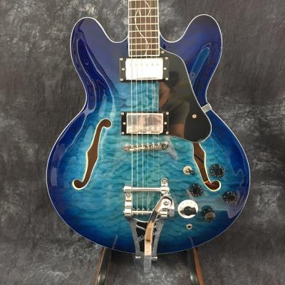 China Semi hollow shell Archtop guitar Quilted maple trans-Blue with Bigsby for sale