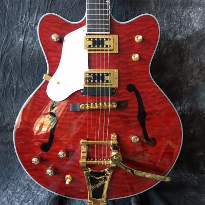China Grand Transparent red, gold tremolo. Free delivery, picture real shooting 333 jazz old electric guitar quilted maple top for sale