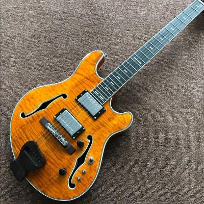 China Custom F hollow body jazz Electric Guitar.double tiger flame gitaar.vibrato system.musical instruments orange color for sale