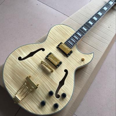 China F hollow body jazz Electric Guitar,double tiger flame Natural wood color guitarra.vibrato system for sale