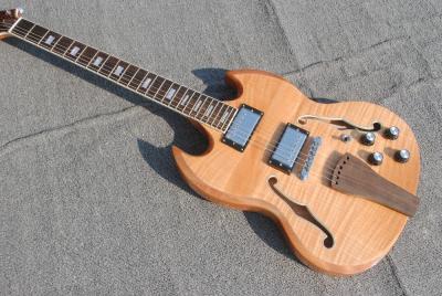 China High quality custom 6 string electric guitar, flame maple veneer, wood color body, double F hole half hollow body, rosew for sale