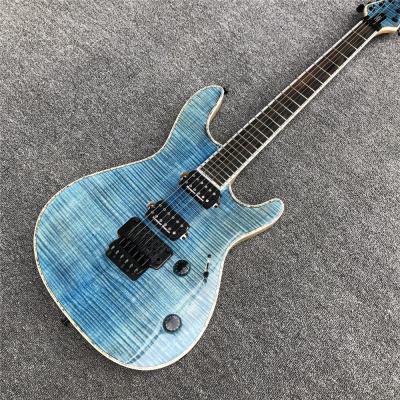 China Light blue Quilted Flame Maple Mayones Electric Guitar,2019 New S logo Neck through body 6 Strings Guitar for sale