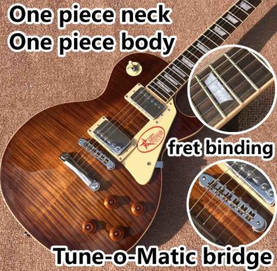 China One piece Neck one piece body electric guitar, Upgrade Tune-o-Matic bridge guitar Tiger Flame standard guitar in sunburs for sale