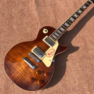 China One piece Neck one piece body electric guitar, Upgrade Tune-o-Matic bridge guitar Tiger Flame standard guitar in sunburs for sale