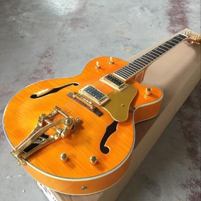 China Tiger Flame jazz electric guitar.F hollow body jazz guitar. orange guitar.vibrato system.free shipping for sale