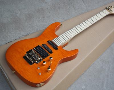 China Factory Custom Orange Electric Guitar with Floyd Rose,3 Pickups,No Frets Inlay,Gold Hardware,Flame Maple Veneer for sale