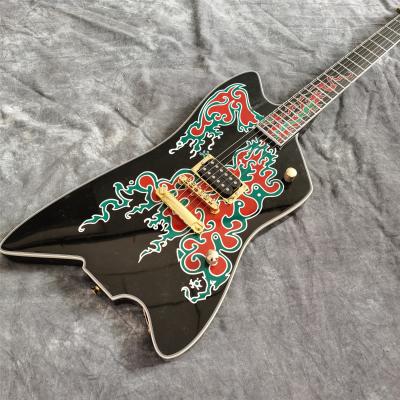 China Custom New 6 Strings Black Electric Guitar with Fire Inlays Fingerboard Gold Color Hardware for sale