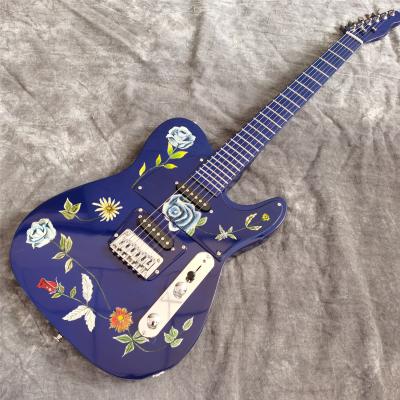 China Handmade Painting Flowers on Body Blue Fingerboard and Head Electric Guitar for sale