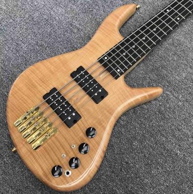 China Solid Flame Maple Top 5 Strings Bass Guitar Ebony Fingerboard Custom Gold Hardware Ash Wood Electric Bass for sale